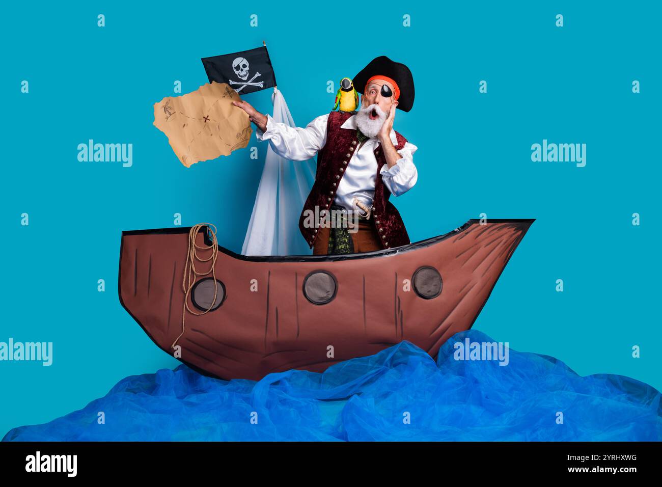 Photo of medieval bearded pirate wear costume with pistol swim in sea ...