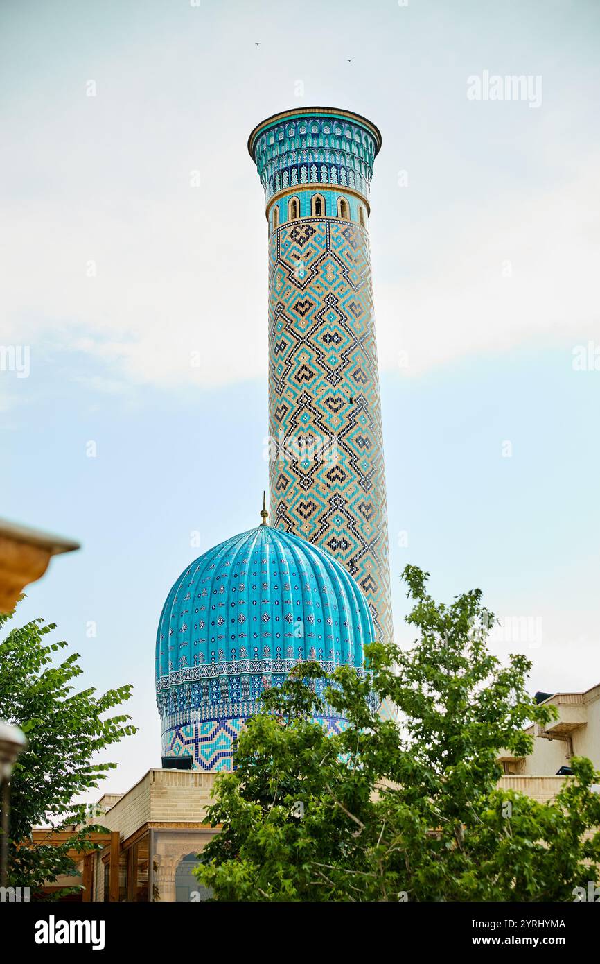 Mosque with minaret and blue dome in Samarkand Eternal city Boqiy ...