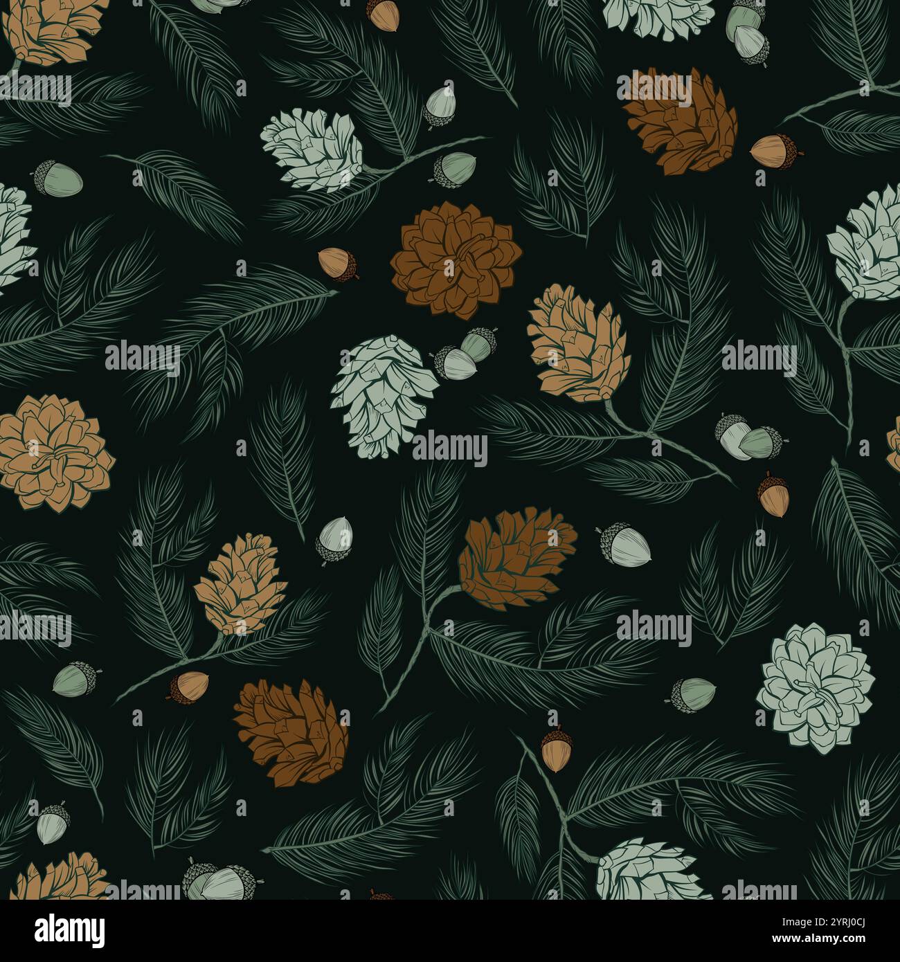 Pine Trees and Acorns Vector Seamless Pattern in Scandinavian Dark ...