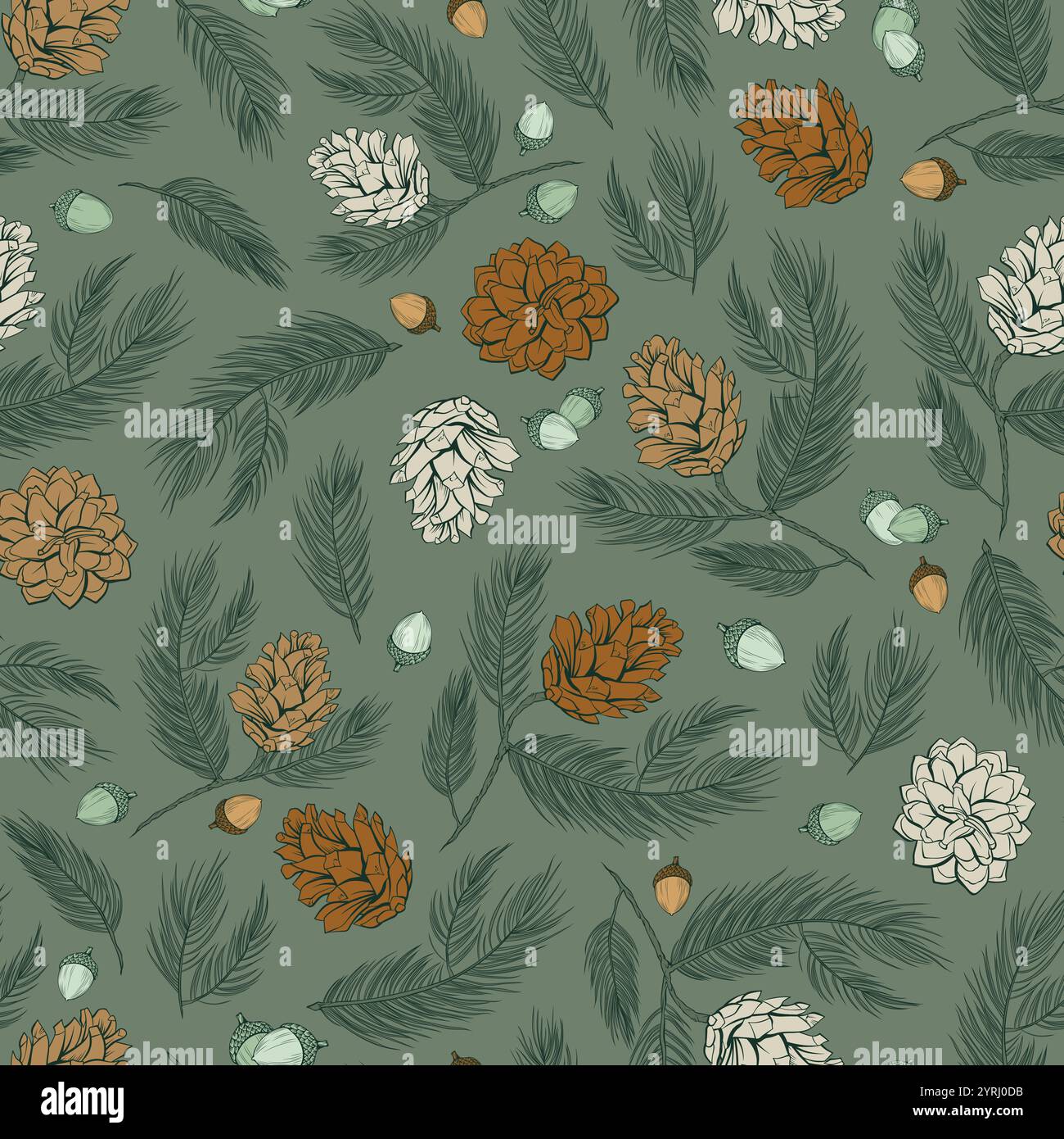 Pine Trees and Acorns Vector Seamless Pattern in Scandinavian Green and ...
