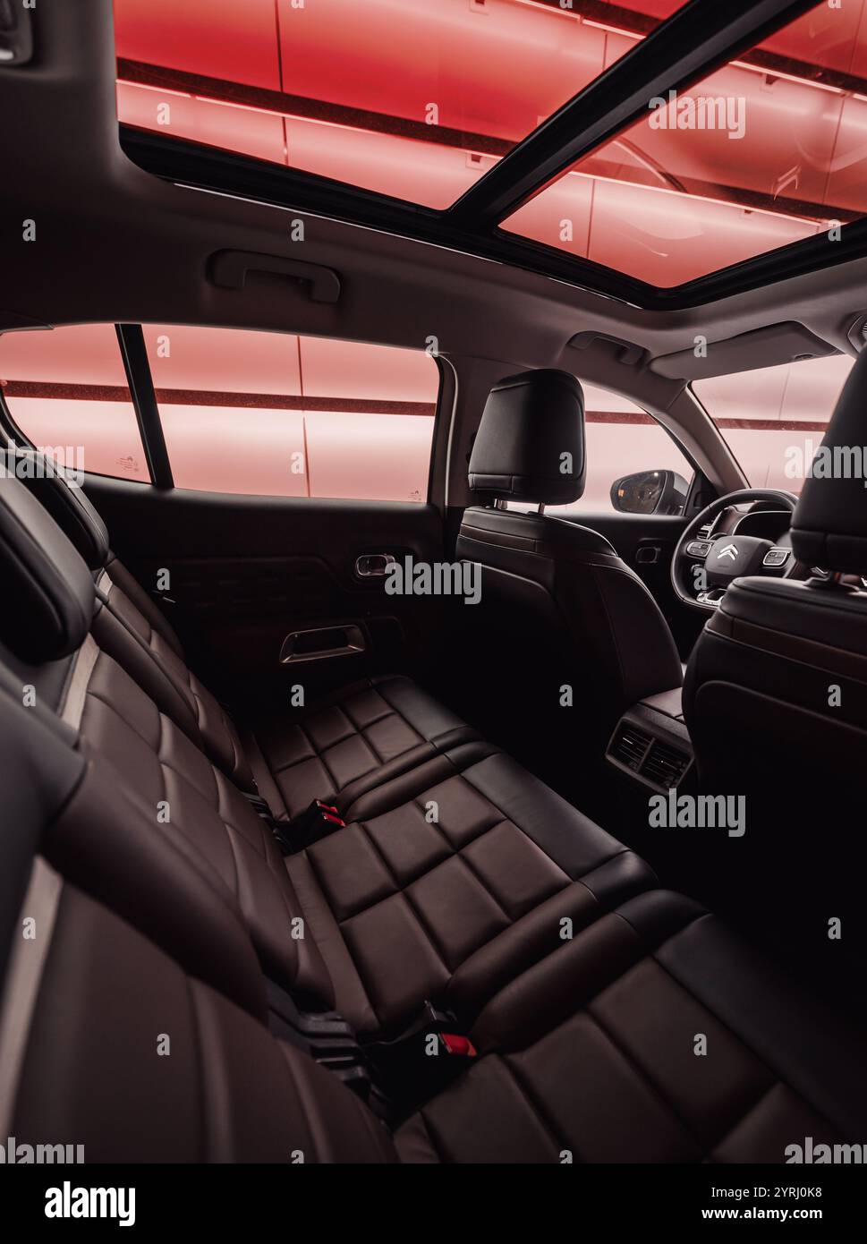 Interior of Citroen C5 Aircross. Wide angle view from rear passenger ...