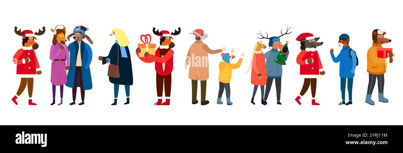 Collection playful people quadrober wearing animal masks Stock Vector ...
