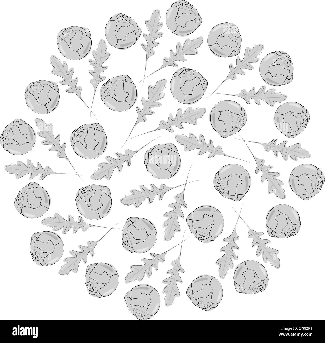Arugula leaves and Brussels sprouts in grayscale Healthy eating Circle ...