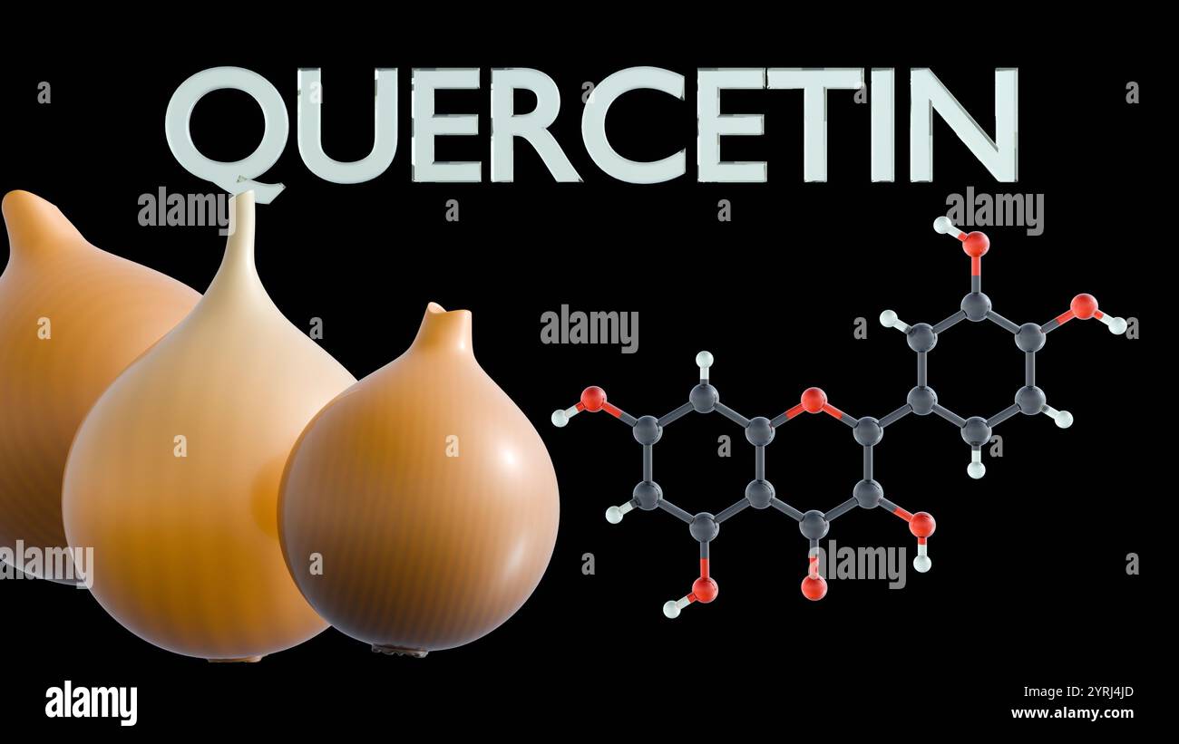 A 3d rendering of chemical structure formula of Quercetin and group of ...