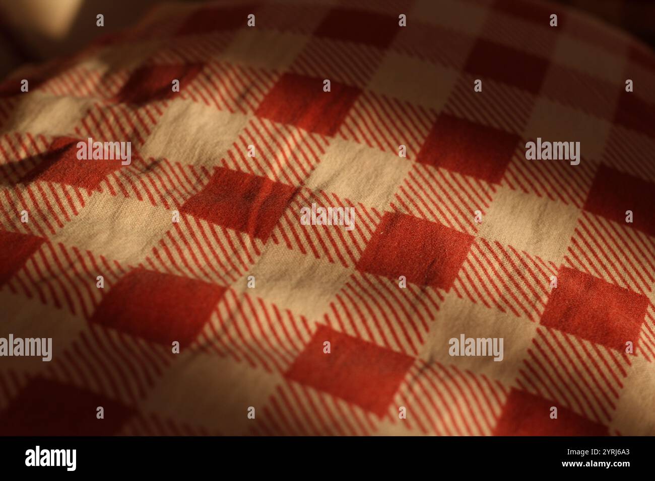 A beautifully textured fabric that features a checkered pattern in red ...