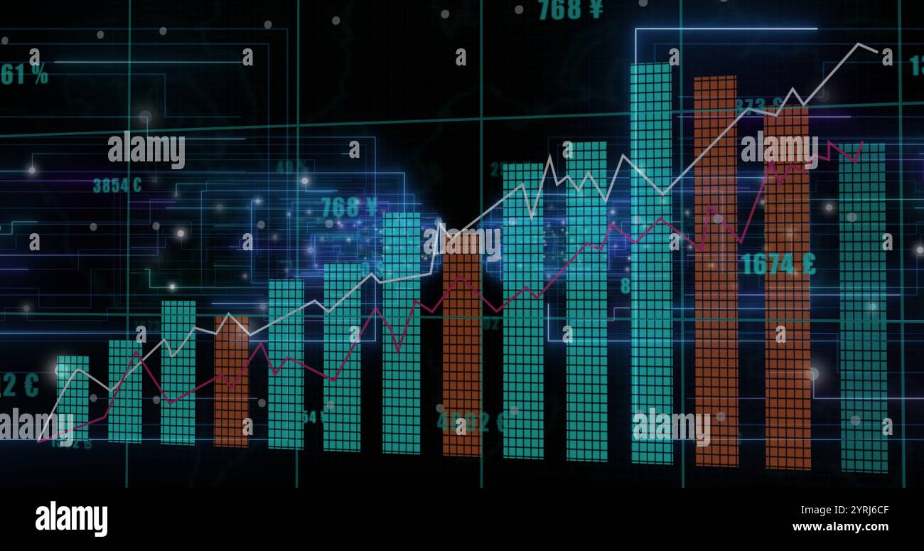 Image of diagrams and light trails over data processing Stock Photo - Alamy