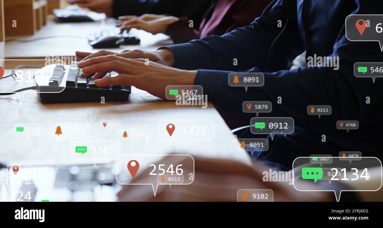 Image of social media icons with numbers over diverse colleagues typing ...