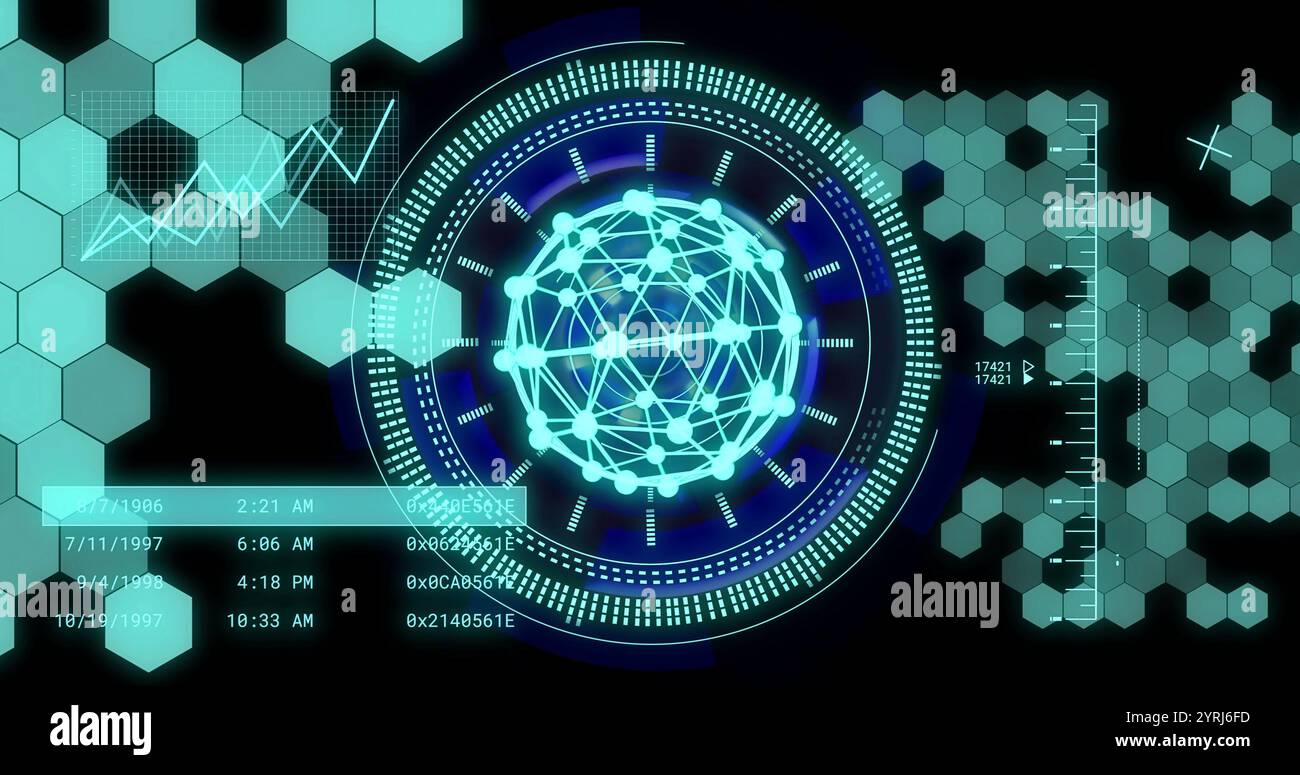 Digital network and data visualization image over futuristic interface with hexagonal patterns ...