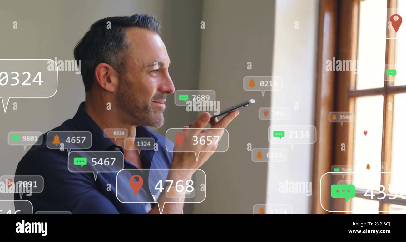 Image of social media icons with numbers over caucasian businessman ...