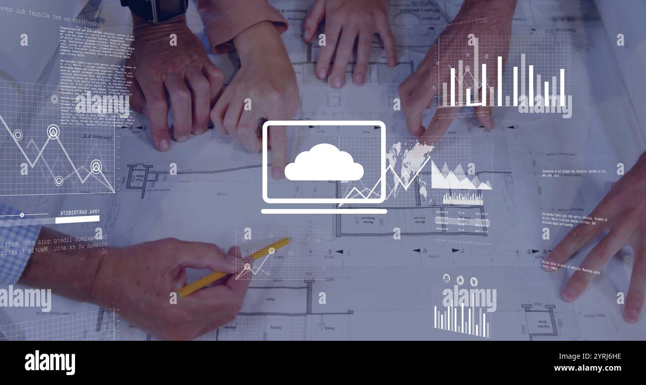 Image of financial data processing over hands of diverse colleagues ...
