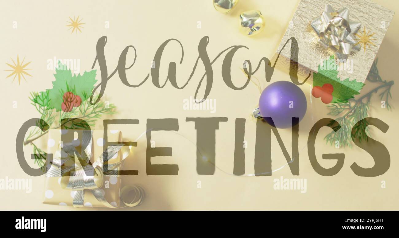 Season Greetings text image over Christmas decorations with gifts and ...