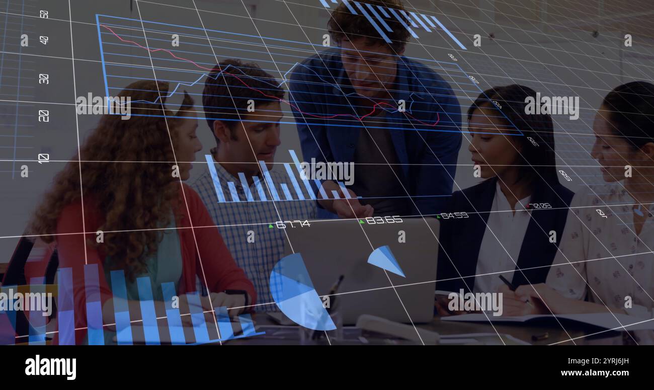 Image of data processing and diagrams over diverse business people ...