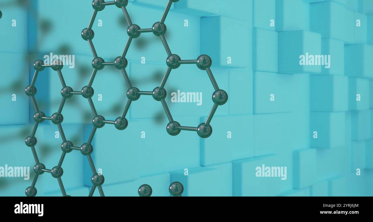Molecular structure image over blue geometric blocks background ...