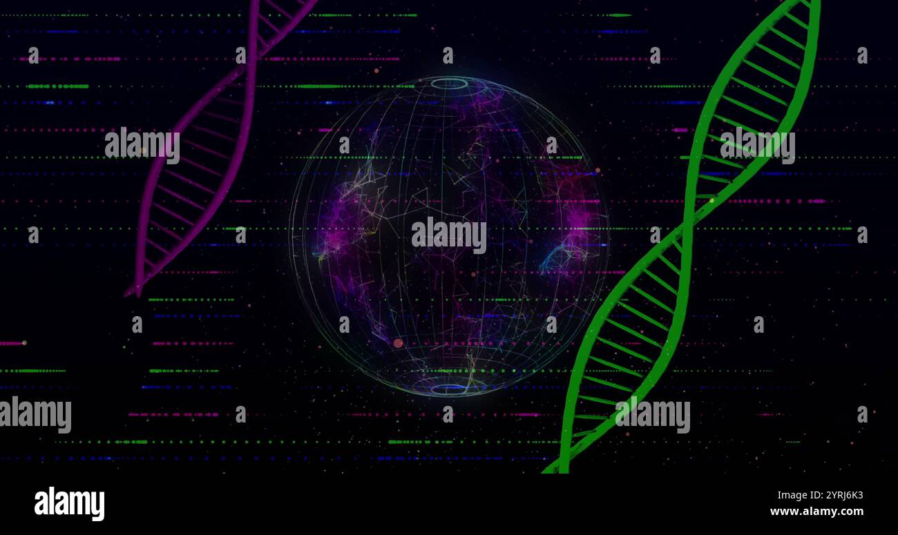 Image of digital data processing, globe over dna strand spinning Stock ...