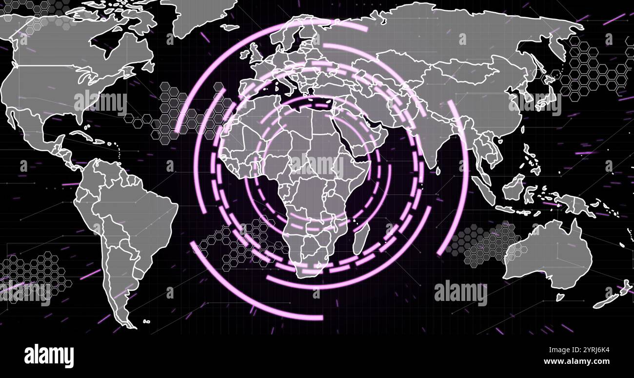 Image of digital data processing and scope over world map on dark ...
