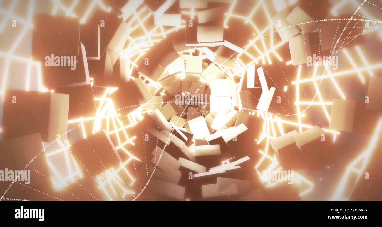 Rotating cubes and glowing grid forming tunnel image Stock Photo - Alamy