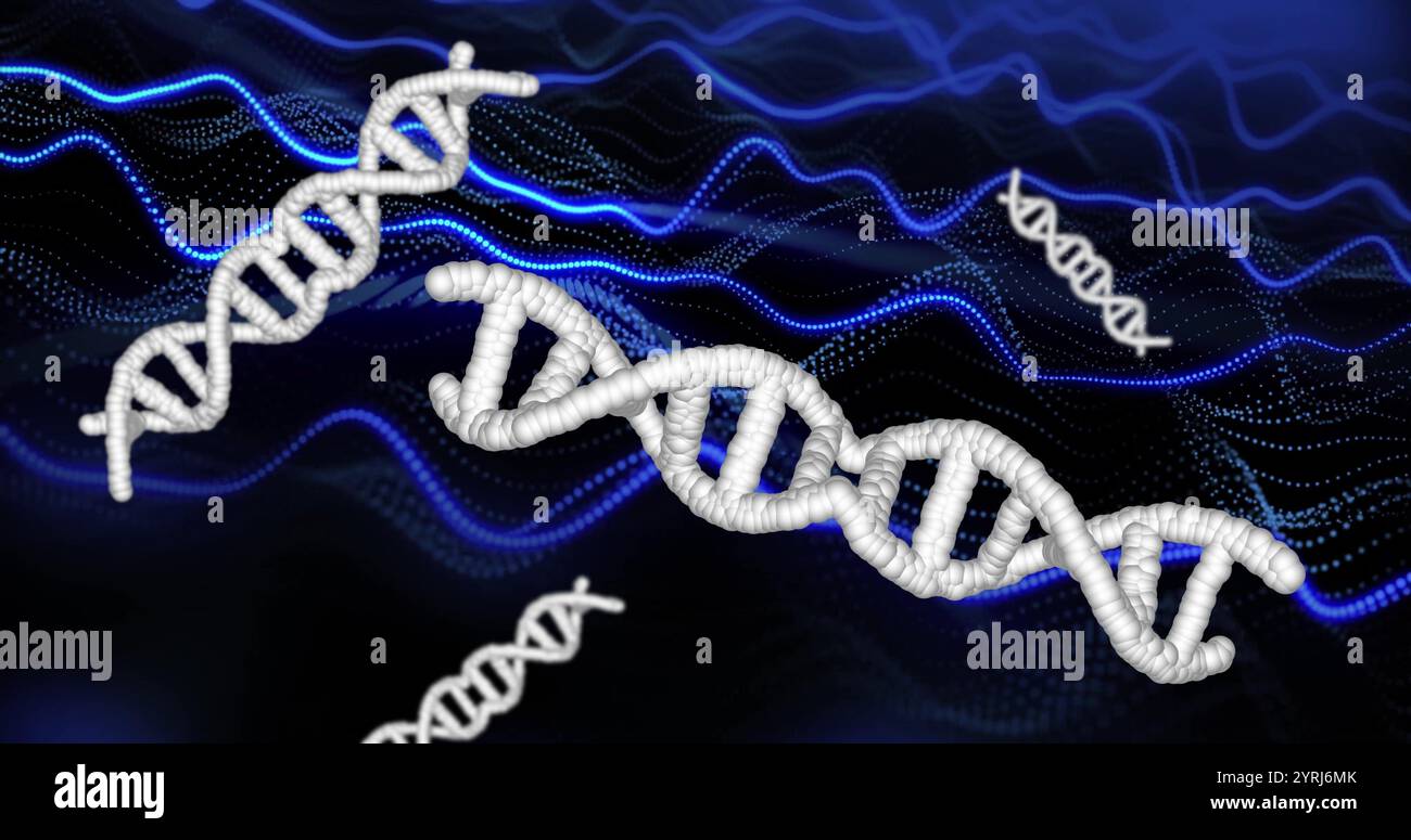 DNA strands and blue waves, scientific data processing image Stock ...