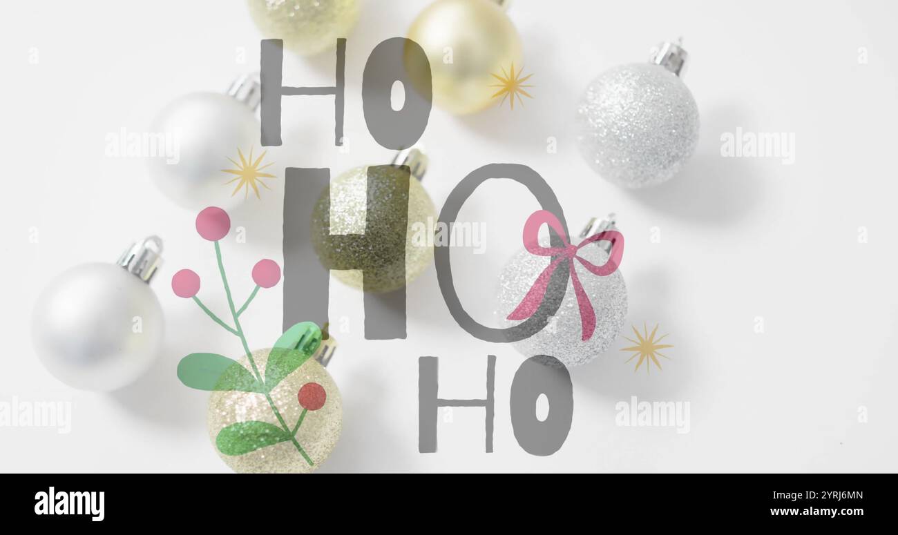 Ho text with christmas ornaments and festive decorations image Stock ...