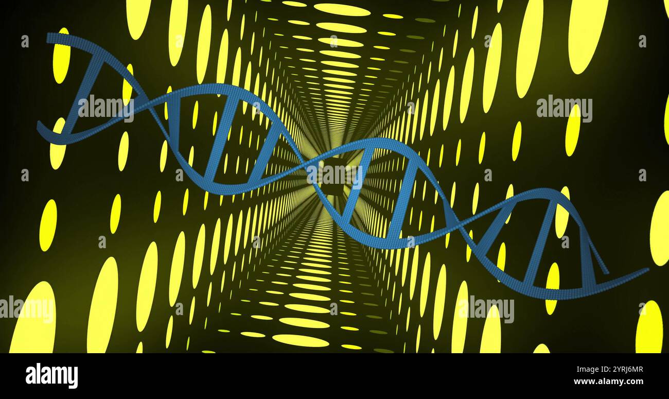 DNA strand over yellow and black geometric tunnel image. Genetics ...