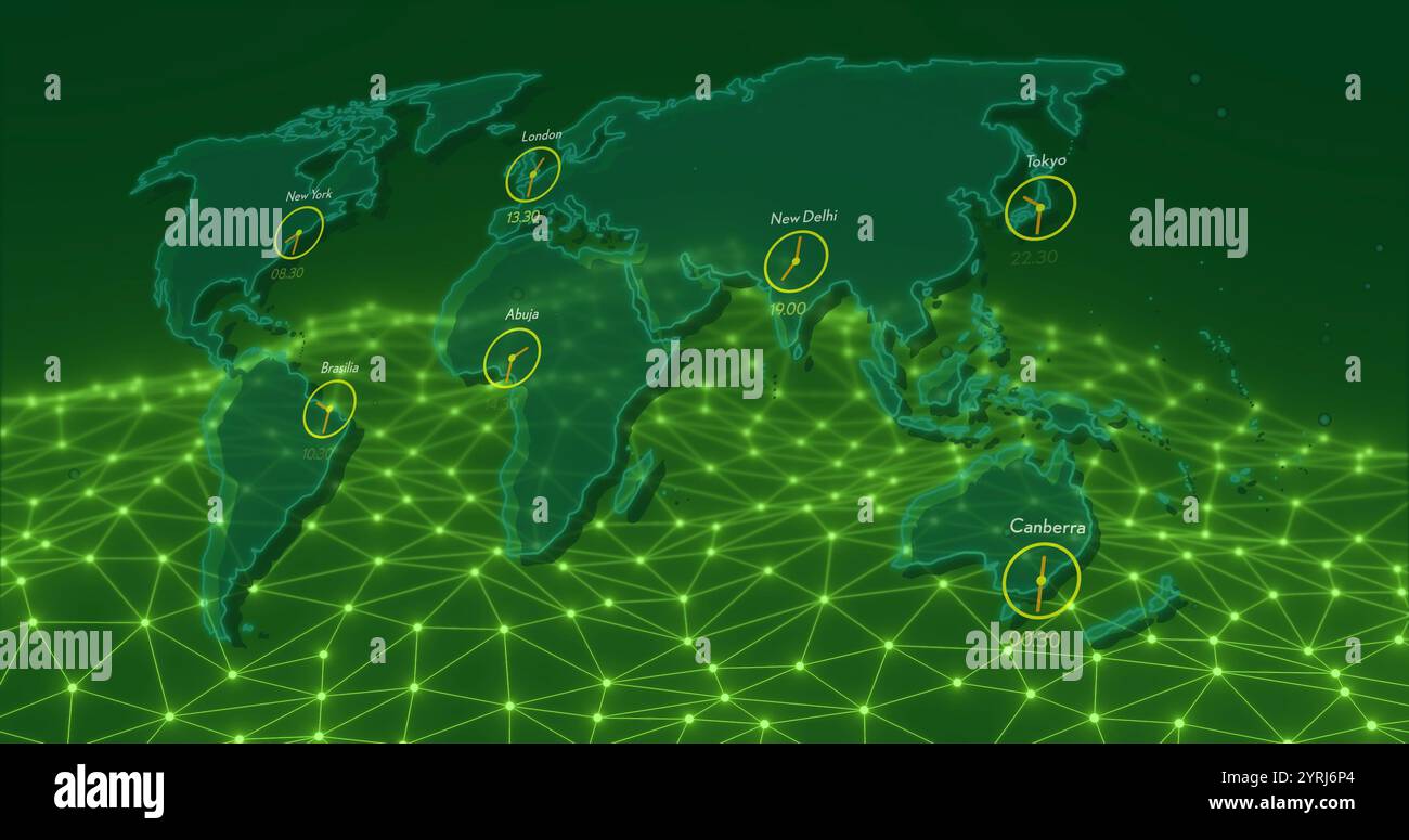 Image of, World map with time zones and network connections over green ...