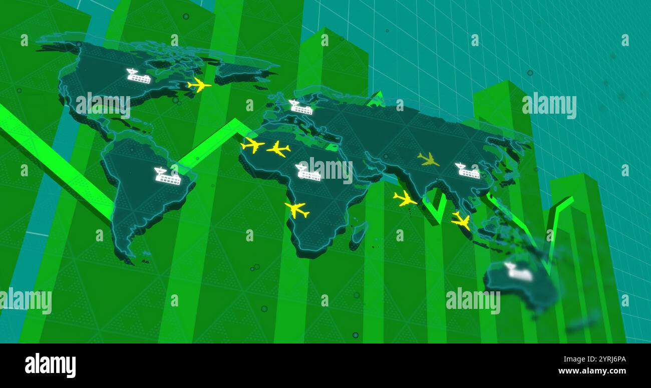 Image of, Airplanes and cargo ships over world map with green bar ...