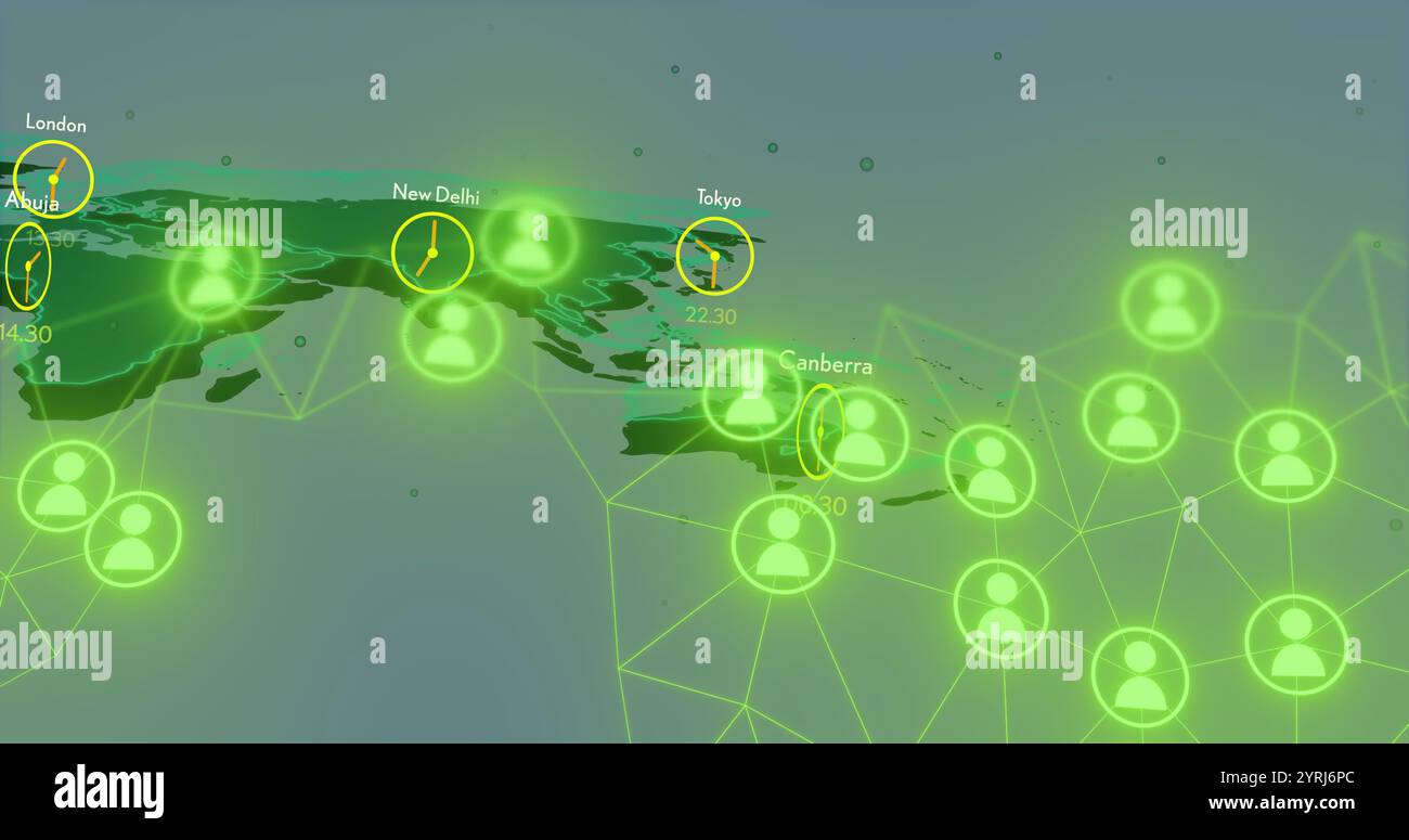Image of world map with glowing green icons and time zones, depicting ...