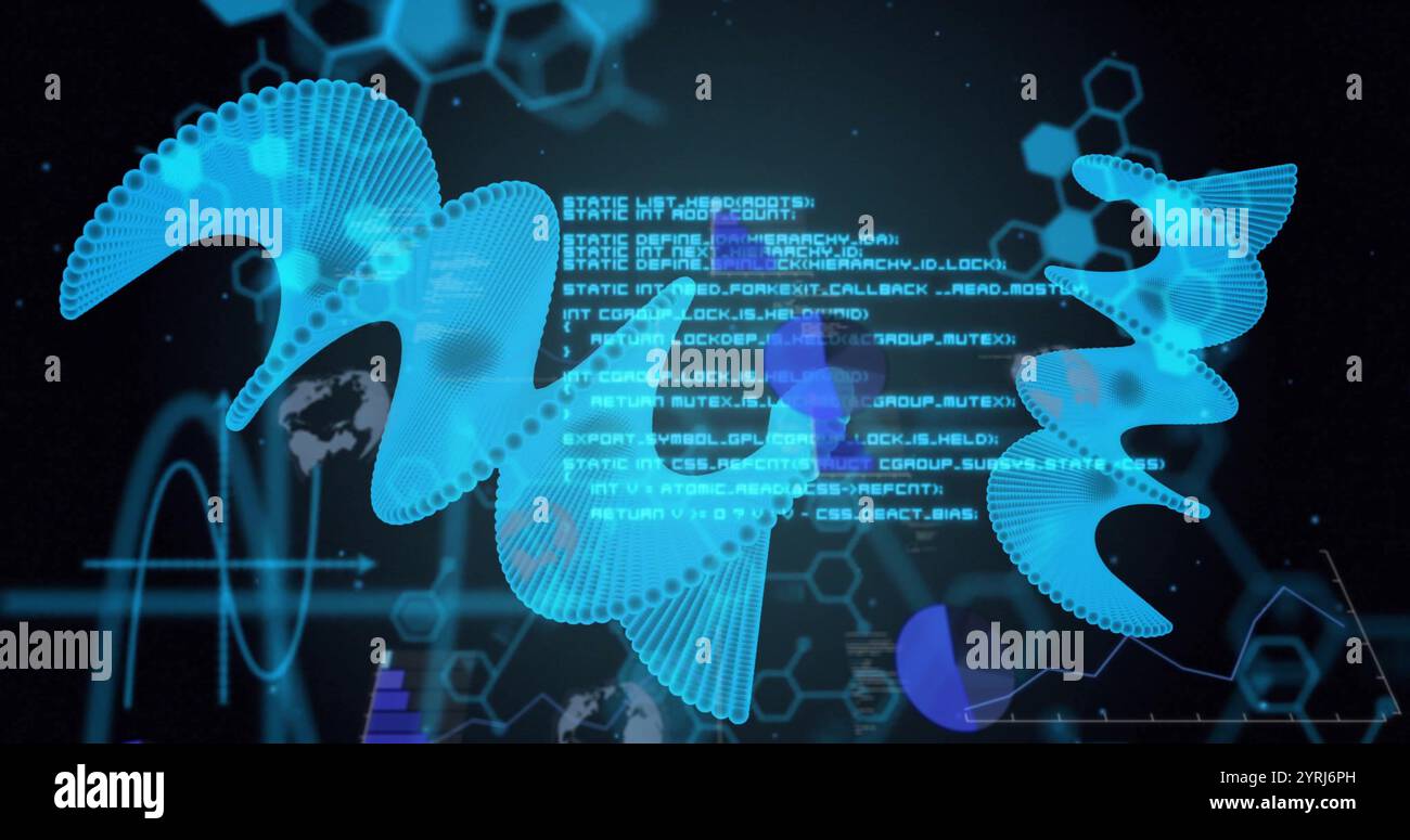 Image of dna strands and scientific data processing on black background ...
