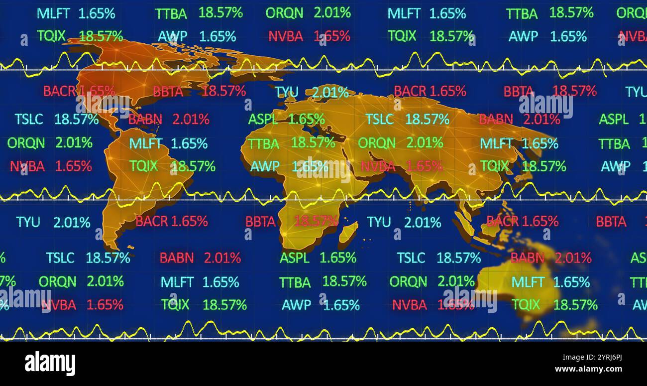 Stock market data and ticker symbols over world map image. Finance ...