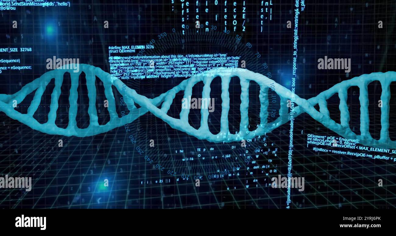 Image of dna strand, data processing over scope scanning on black background Stock Photo - Alamy