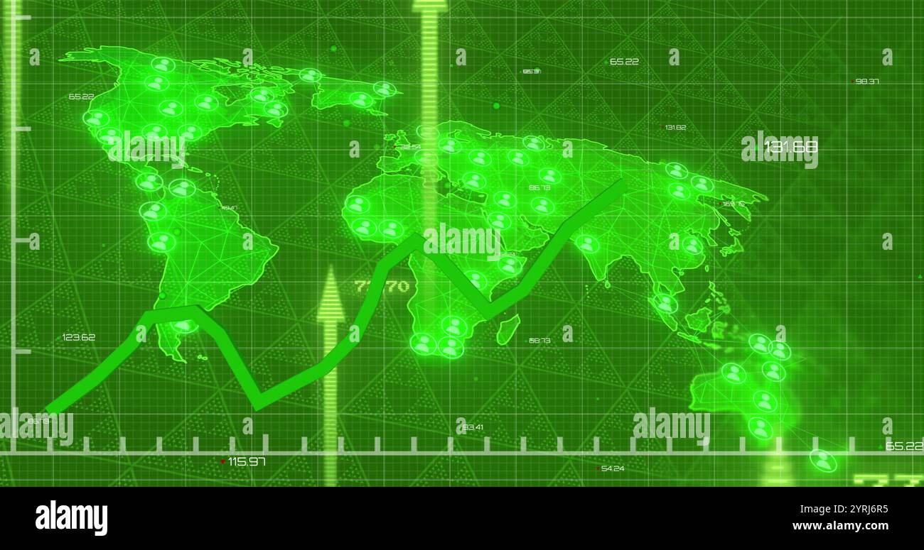 Image of, Financial data processing over world map with green graphs ...