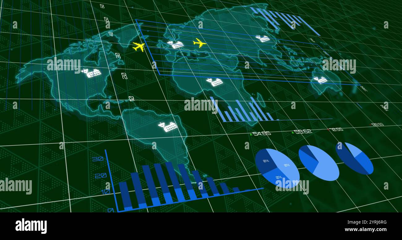 Image of, Airplane icons and bar graphs over world map, representing ...