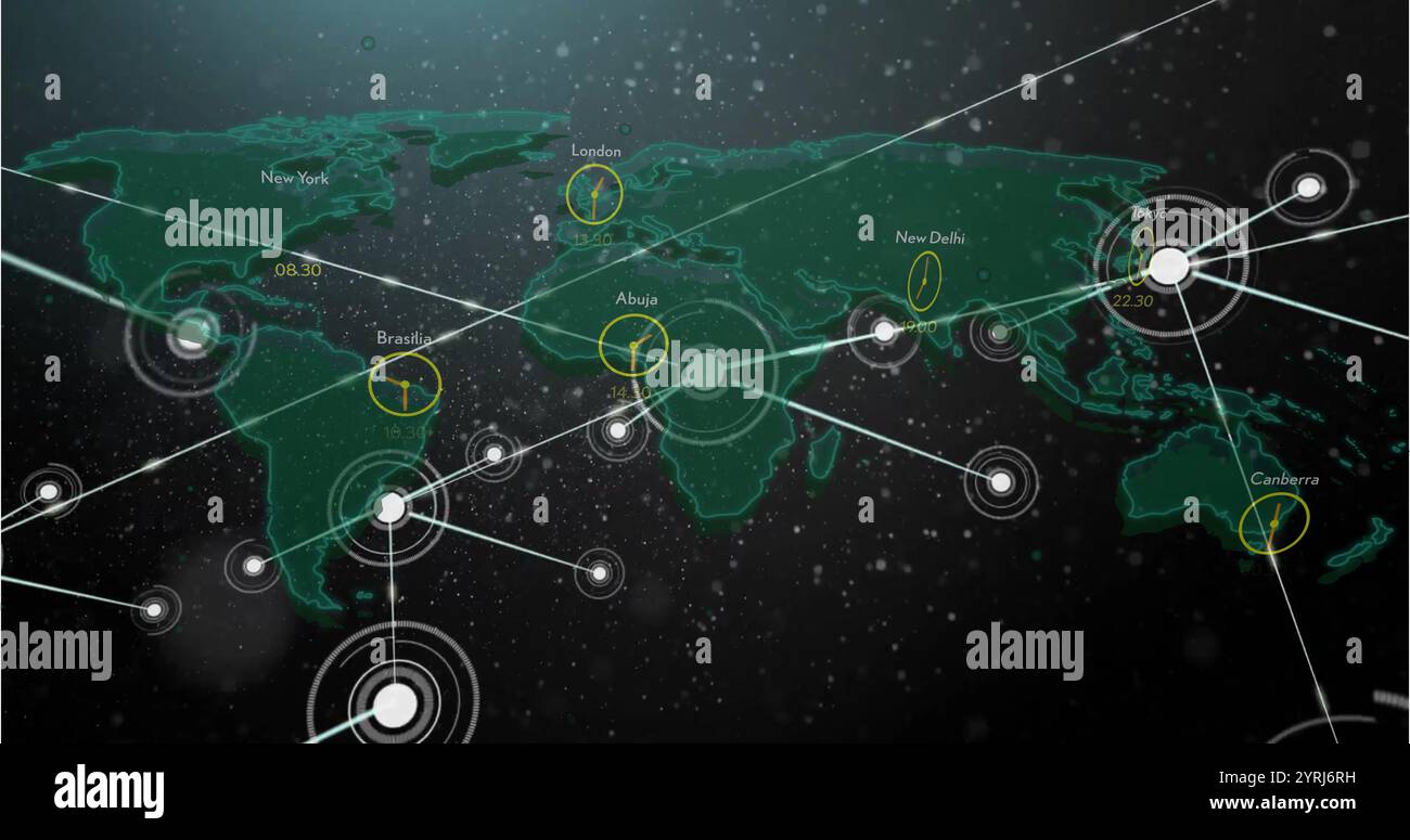 World map with interconnected cities and time zones, global network ...