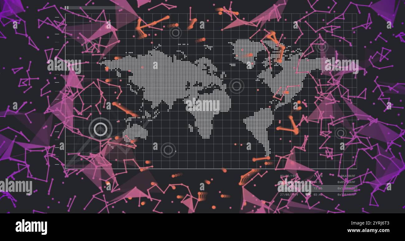 World map with data points and network connections image over abstract ...