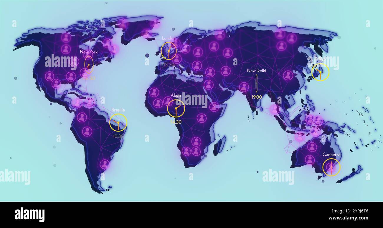 Image of, World map with time zones and network connections over ...