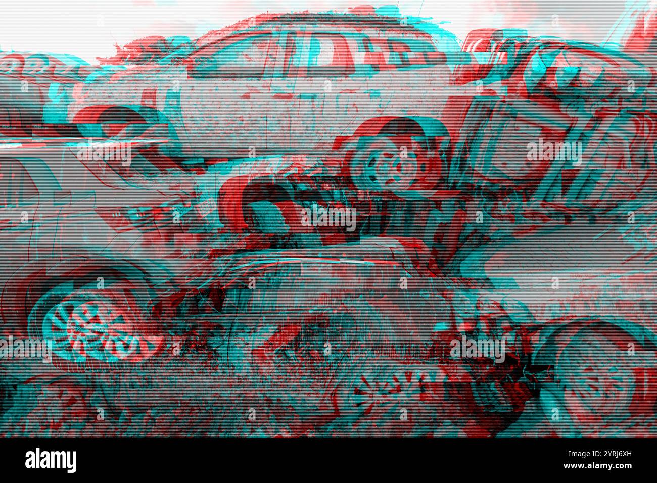 dameged cars piled up glicht effect Stock Photo - Alamy