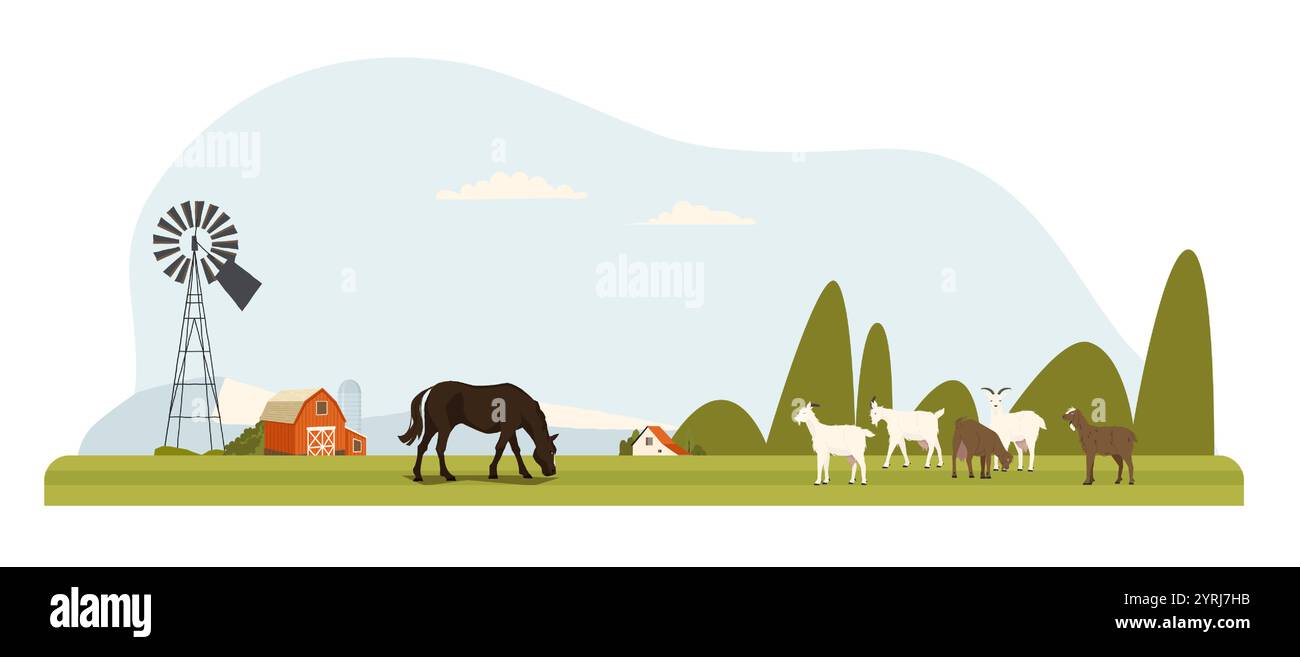 Farm animals, horse and goats grazing on green field. Barn, windmill ...