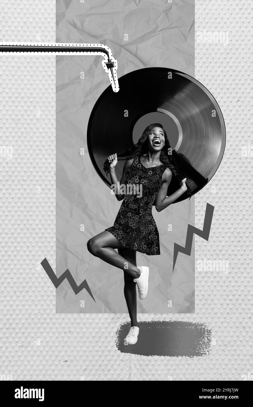 Vertical collage picture of cheerful black white gamma girl enjoy ...