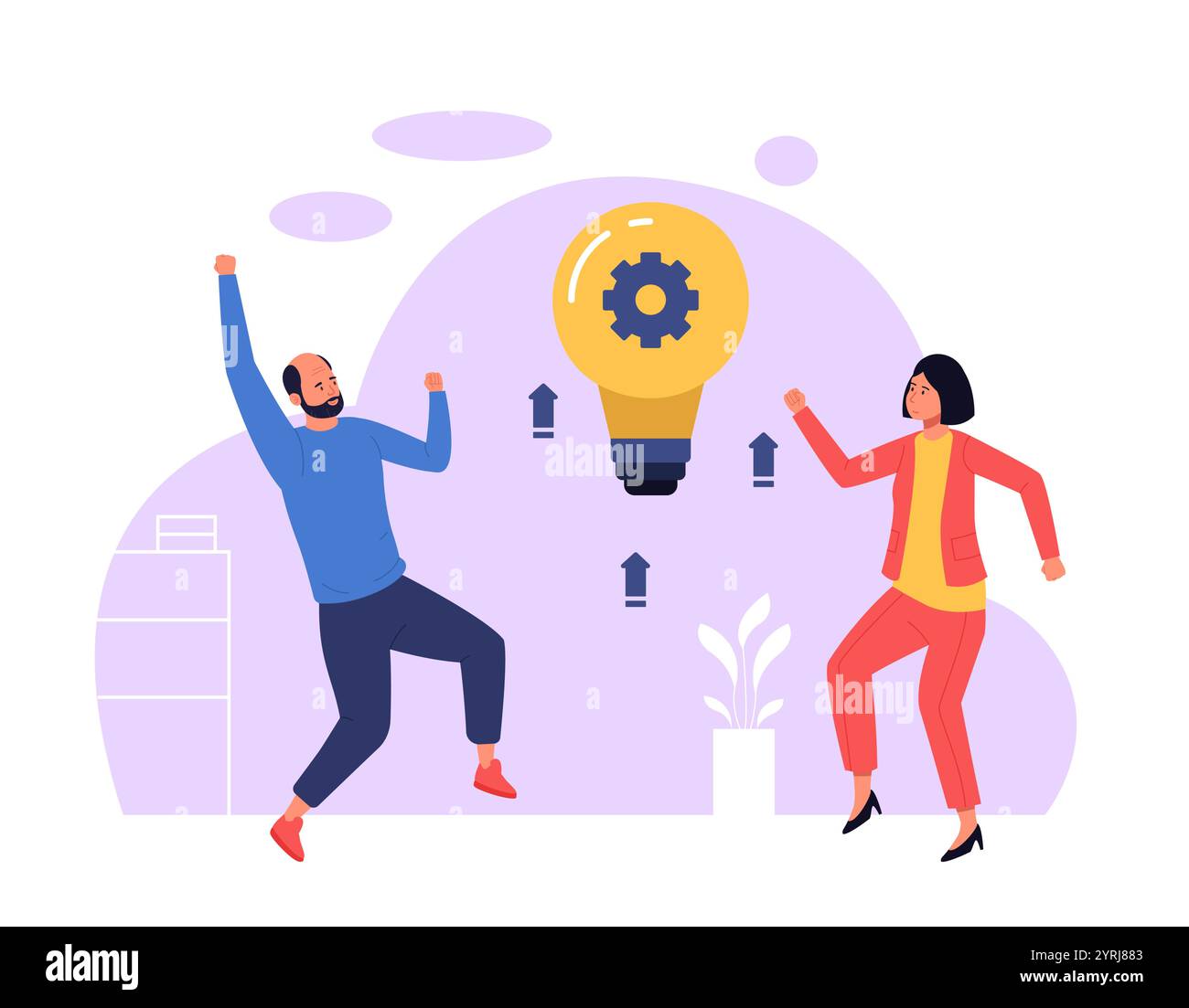 Two managers celebrating successful idea symbolized by light bulb and a ...