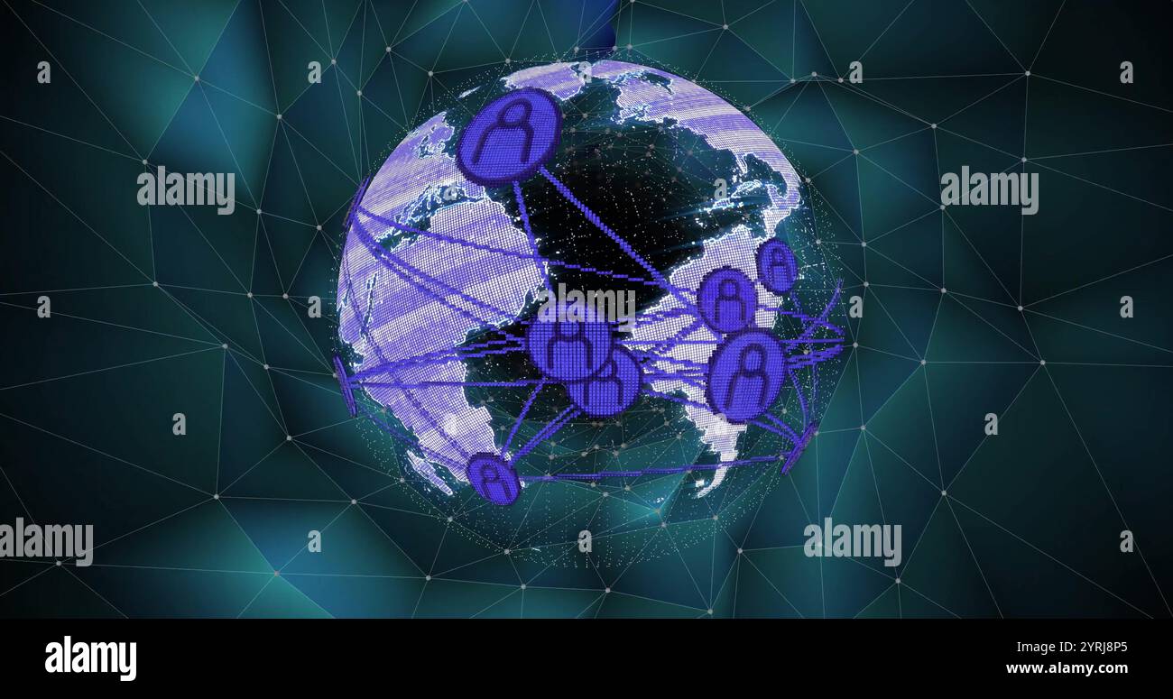 Global network connections image over digital globe with user icons ...