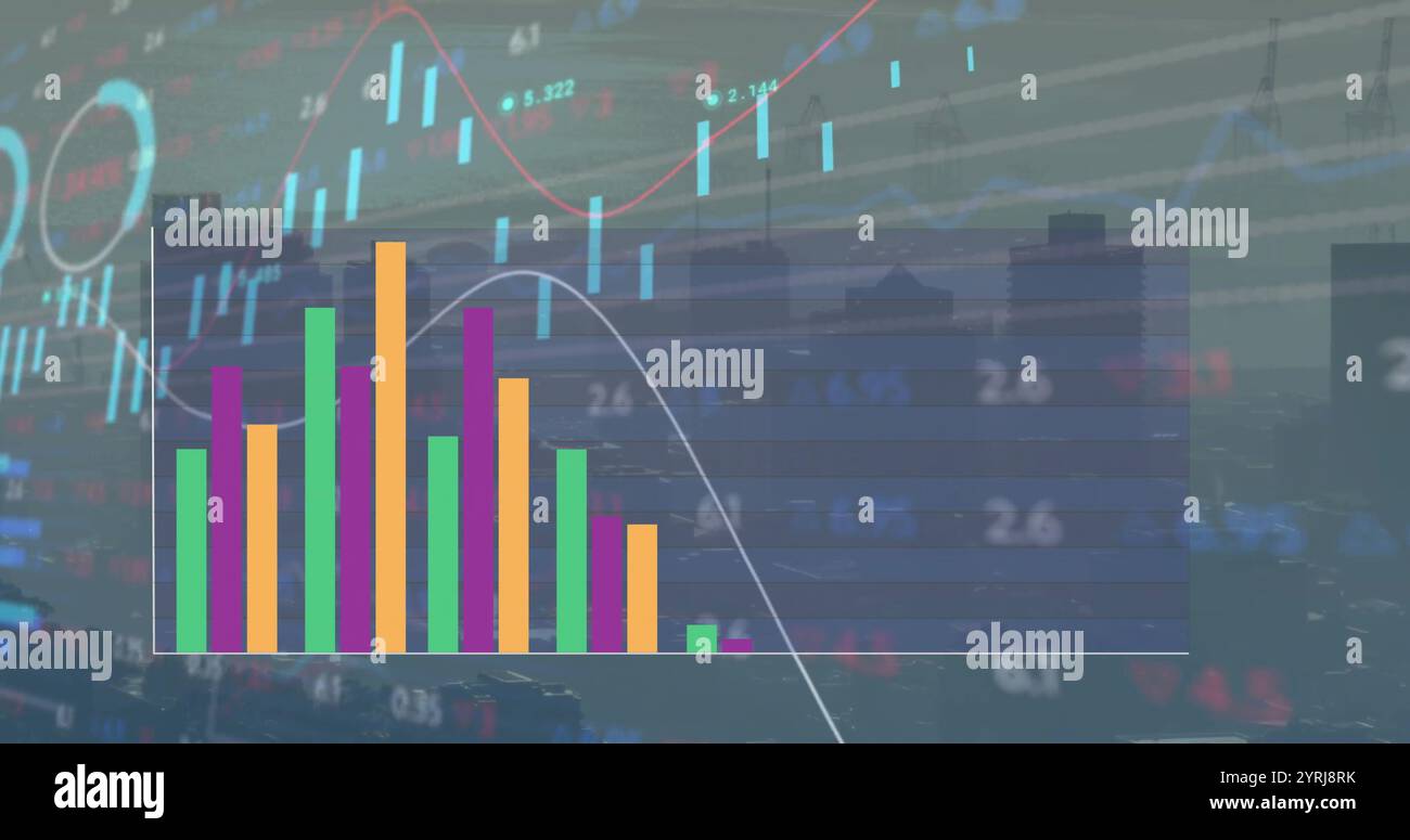 Image of colourful graph over charts and data processing on grey ...