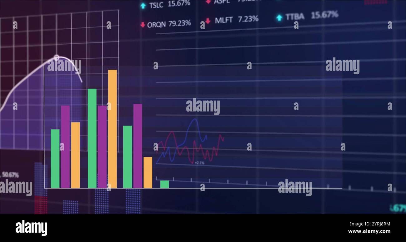 Image of colourful graph over charts and financial data processing on ...