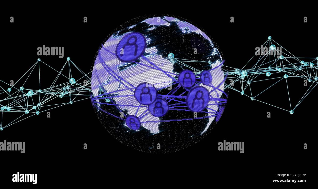 Global network of connections and user icons image over rotating Earth ...