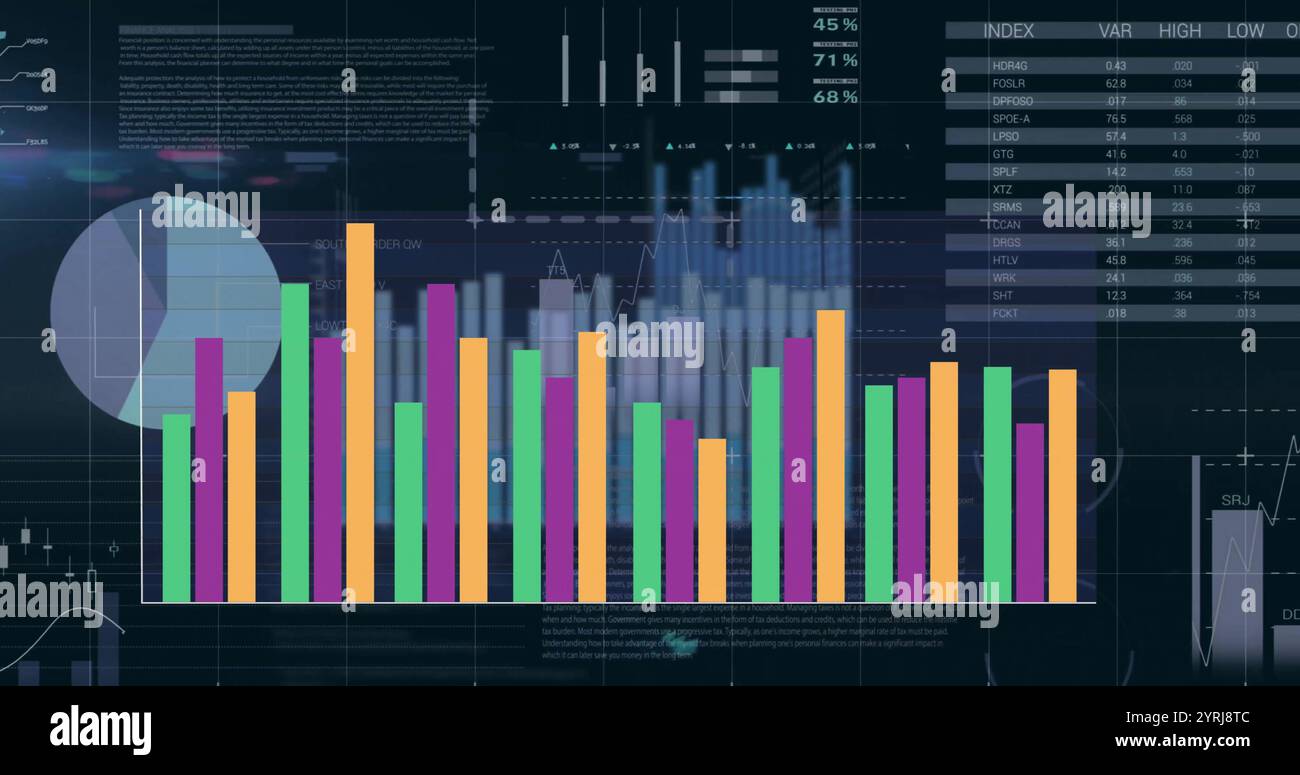 Image of colourful graph over charts and data processing on black ...