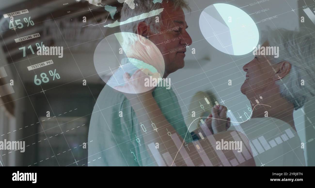 Image of financial data processing over senior caucasian couple dancing ...