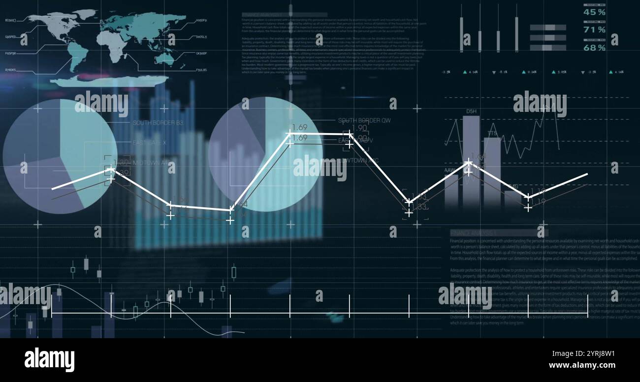 Image of grey graphs and charts processing data on black background ...