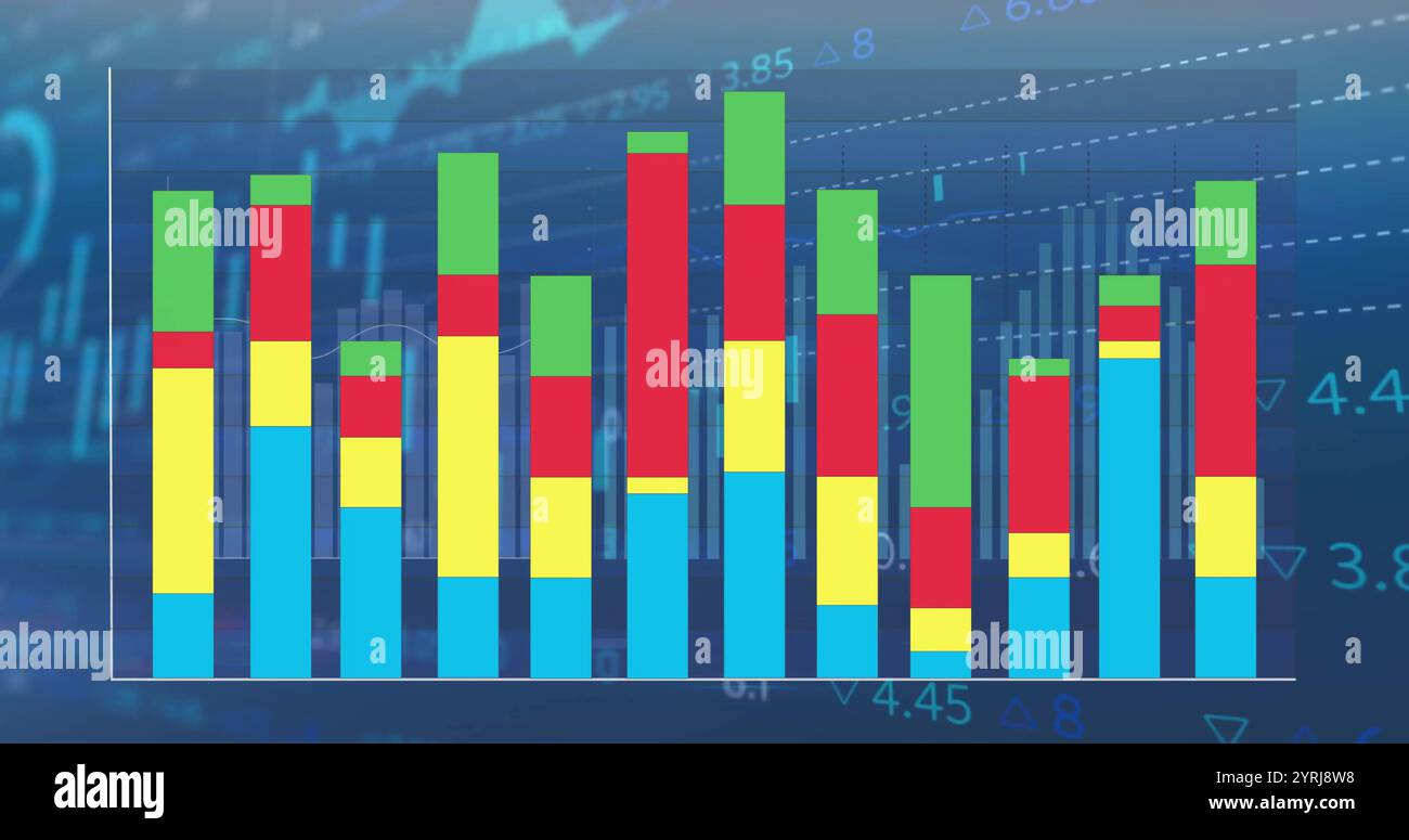 Image of colourful graph over charts and data processing on blue ...
