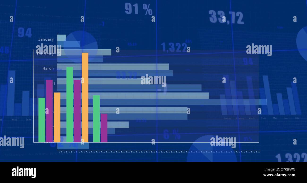 Image of colourful graph over charts and data processing on blue ...