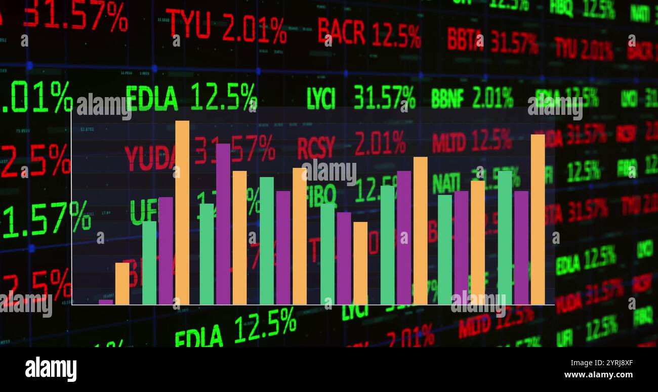 Image of colourful graph over financial data processing on black ...