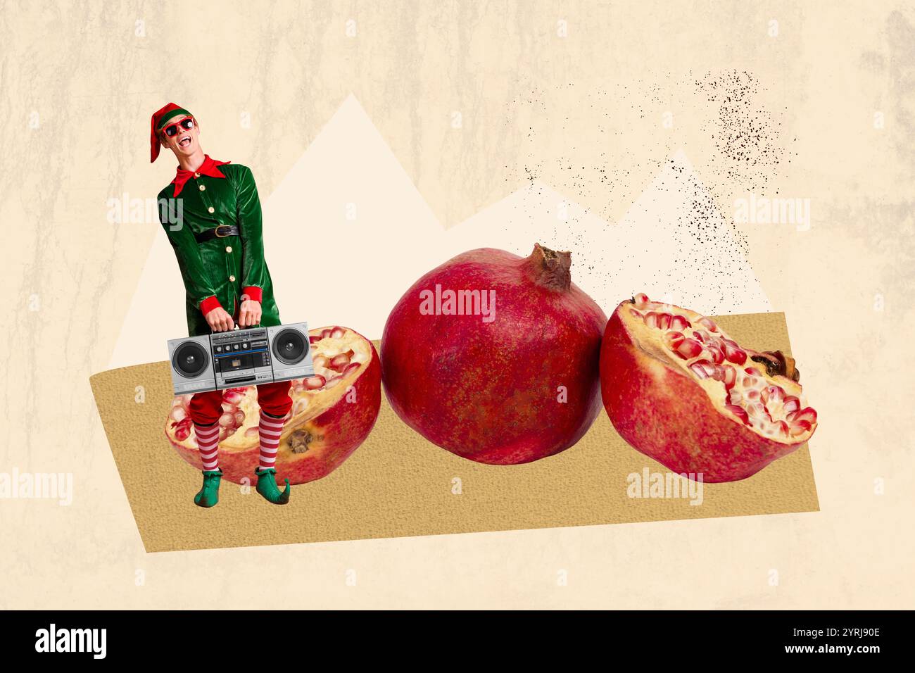 Composite photo collage of happy man elf hold boombox music recorder ...