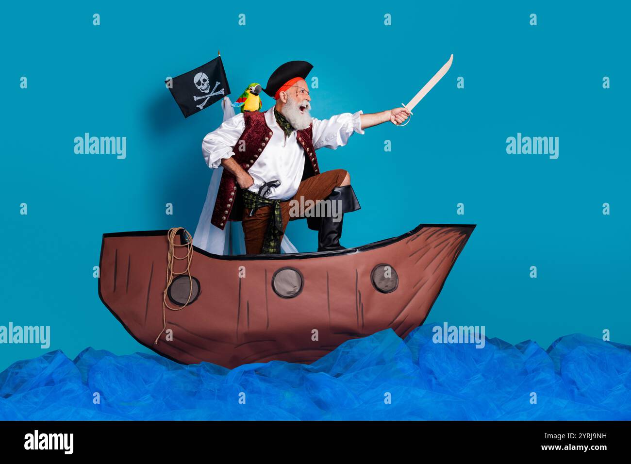 Photo of angry pirate wearing traditional costume shouting sea ...